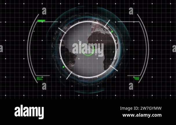 Digital animation of scope scanning over grid network against spinning globe on black background ...