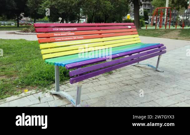 Europe, Italy, MIlan July 2021 - bench in a park in the Giambellino ...