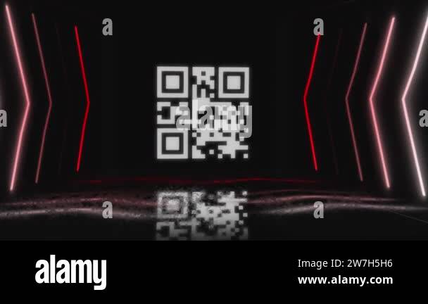 Digital animation of glowing qr code with shadow effect over glowing red lines on black ...