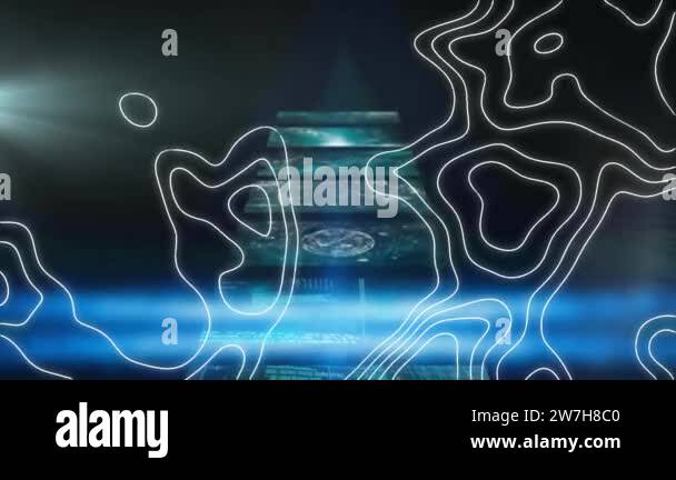 Digital animation of topography against multiple screens with data ...