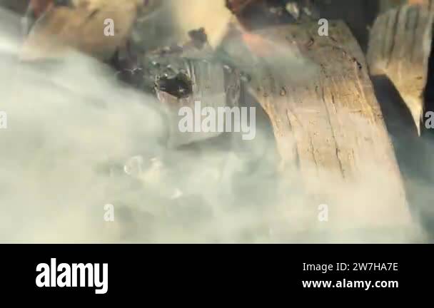 Thick smoke when a fire is ignited. burning fireplace,a barbecue, a ...