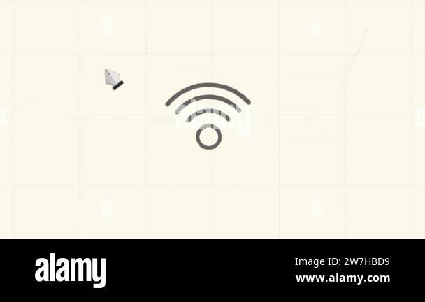 Animation of cursor and wifi digital icons floating over grid on white background. global online ...