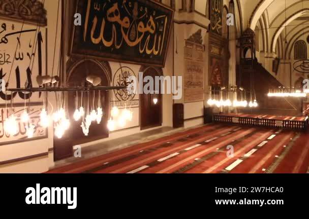 Interior of giant historic great mosque.Minaret masjid mystical god ...