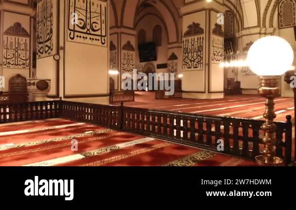 Interior of giant historic great mosque.Minaret masjid mystical god ...