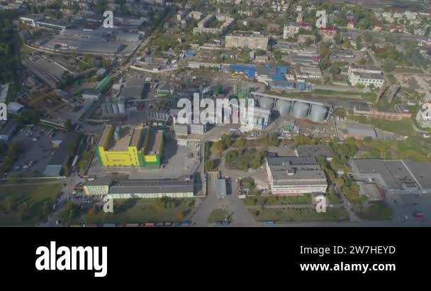 Large industrial complex top view. Grain storage silos. Modern plant ...