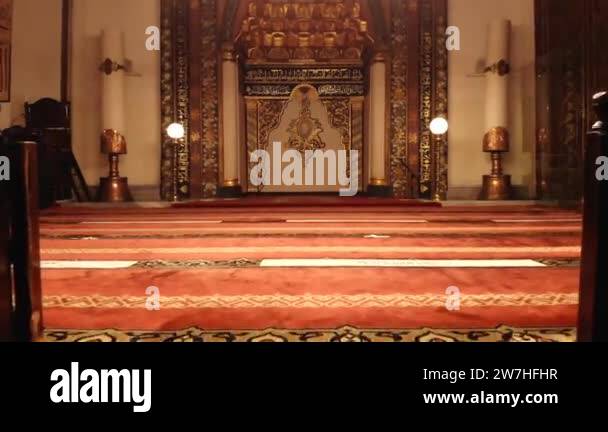 Interior of giant historic great mosque.Minaret masjid mystical god ...