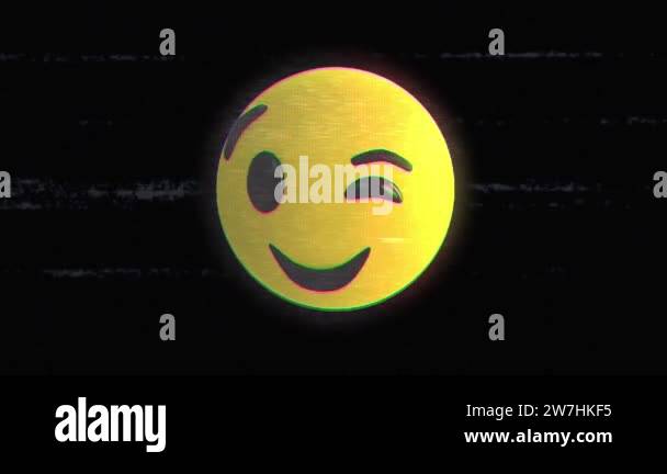 Digital animation of glitch effect over winking face emoji against ...