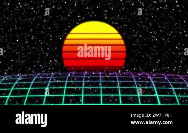 Retro futuristic sci-fi night city seamless loop. 80s VJ synthwave motion background with neon ...