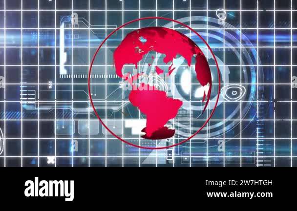 Animation of red globe rotating over interface with data processing and topographical chart ...
