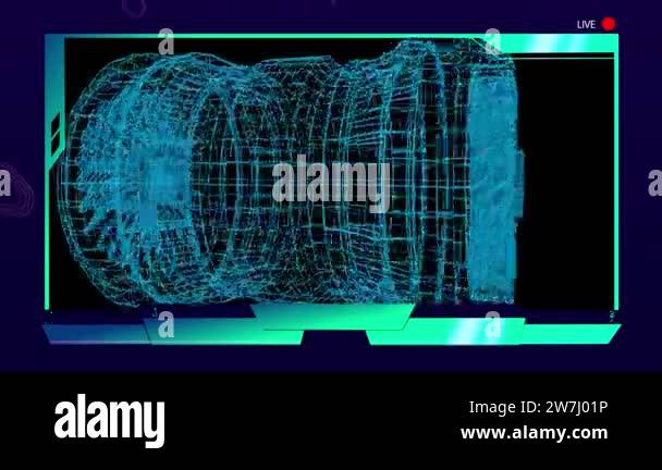 Animation of 3d engine spinning with markers on screen over purple ...