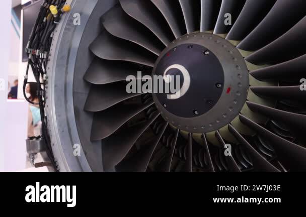 Modern turbofan engine. close up of turbojet of aircraft on black ...