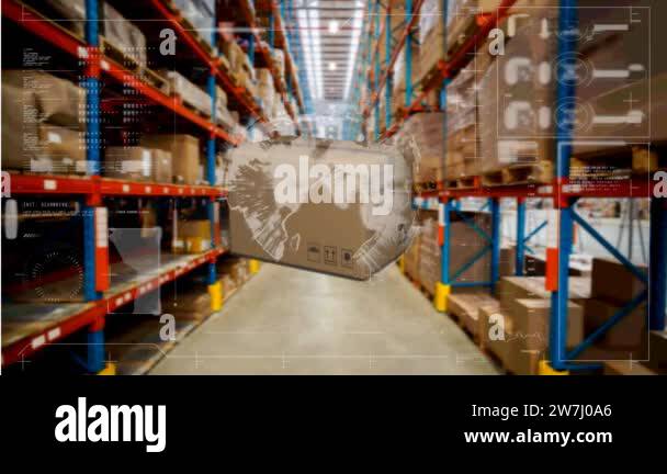 Animation of data processing and globe spinning over cardboard box in ...