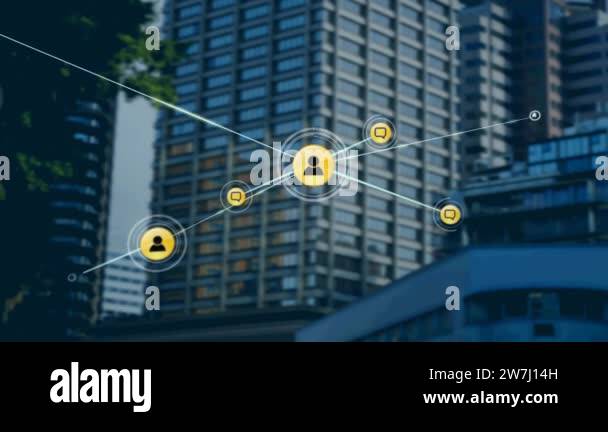 Animation of network of connections with icons over modern building ...