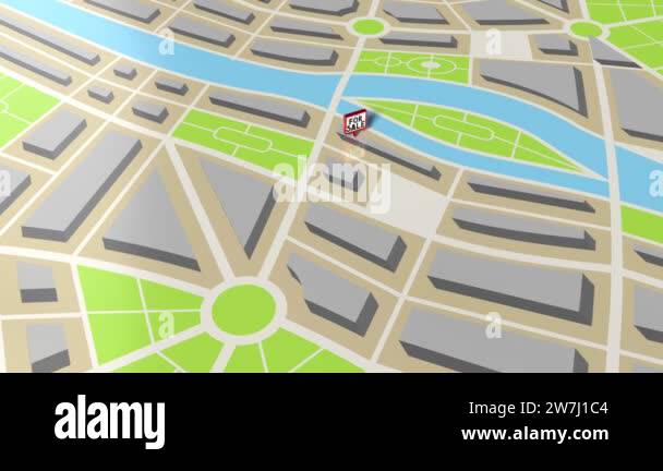 Homes for sale concept, red pins and city map - 3D 4k animation ...