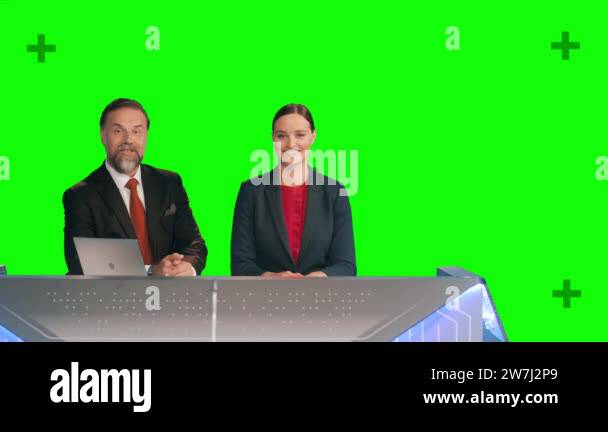Two Newscaster Talking Green Screen Background News Studio Stock Video ...