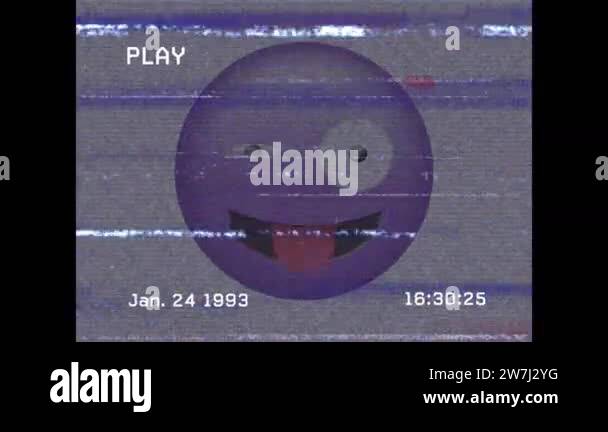 Digital animation of vhs glitch effect over purple silly face emoji ...