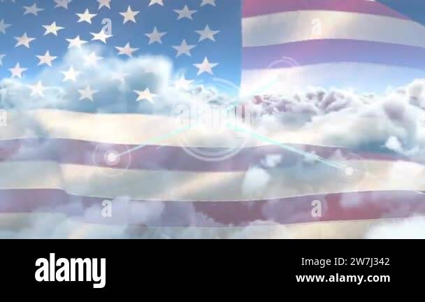 Animation of networks of connections with icons over american flag and ...