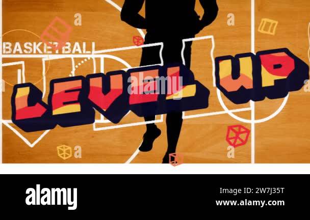 Animation of the words level up in orange over basketball player ...