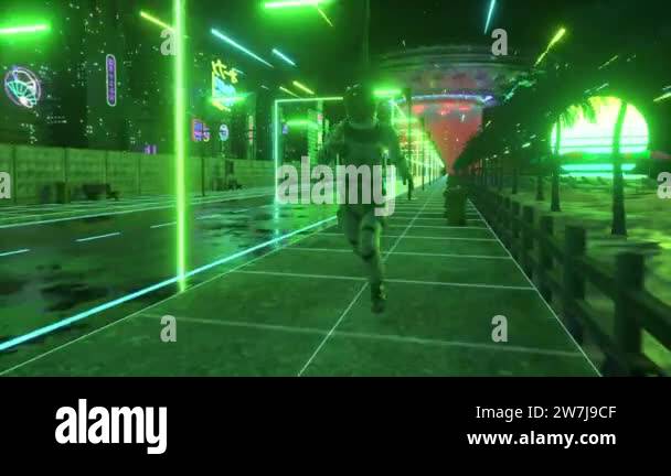 Astronaut running in neon city in cyberpunk style. Retro wave 80s ...