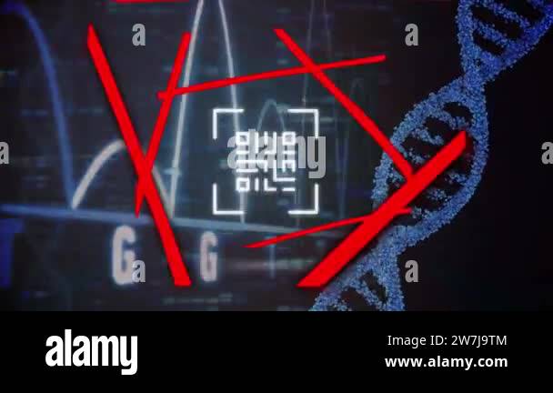 Digital Animation Of Glowing Qr Code Over Dna Structure Spinning And