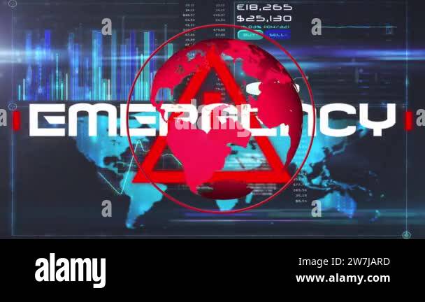 Animation of text emergency, with globe rotating over interface with ...