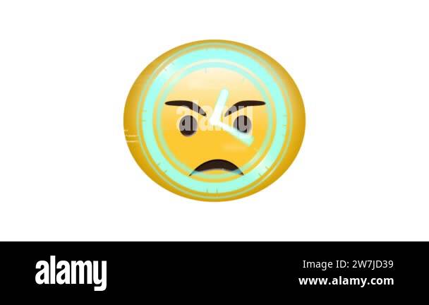 Digital animation of neon digital clock ticking over angry face emoji ...