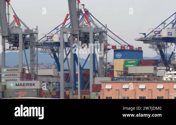 Container terminal gantry crane lifting cargo container in sea port ...