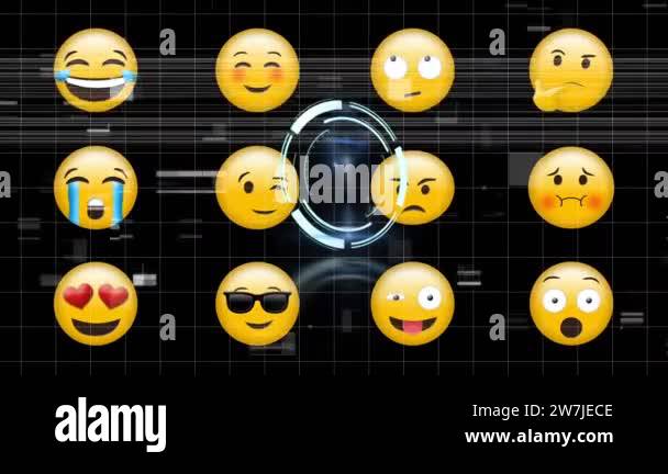 Digital animation of neon round scanner over multiple face emojis ...