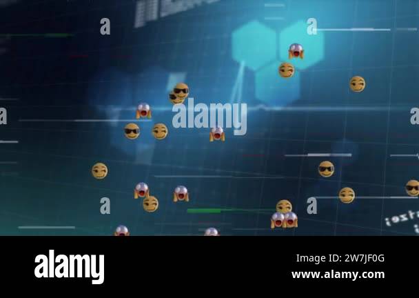 Digital animation of glitch effect over face emojis against data processing on blue background ...