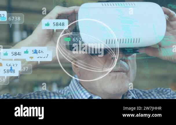 Animation of scope scanning and social media speech bubbles over man wearing vr headset. global ...