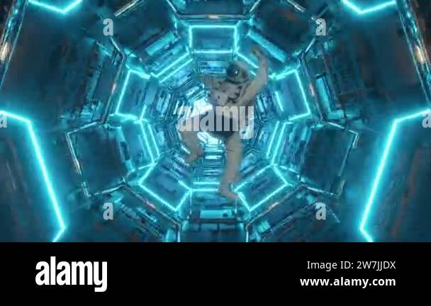 Astronaut falling in the corridor of a spaceship. Sci-Fi futuristic ...
