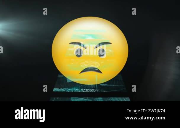 Digital animation of angry face emoji over multiple screens with data ...