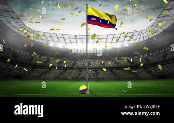 Golden confetti falling over waving columbia flag against sports ...