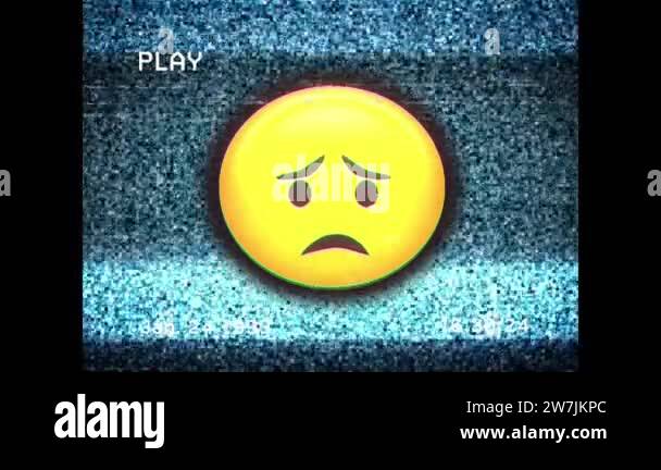 Digital animation of vhs glitch effect over sad face emoji against tv ...