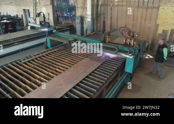 Gas welding cnc machine top view. Gas cutting in a factory. Work gas ...