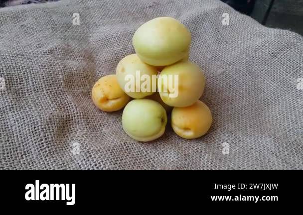 Fresh apricots on a burlap bag. Summer fruits. Useful vitamins ...