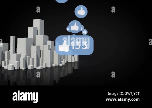 Multiple like icons with increasing numbers against 3d city model ...