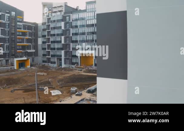 Construction site with scaffold, building work process modern an ...