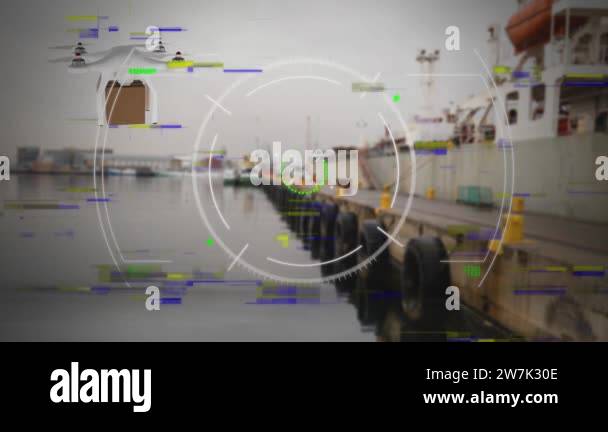 Animation of scope scanning and digital drone over docks. global ...