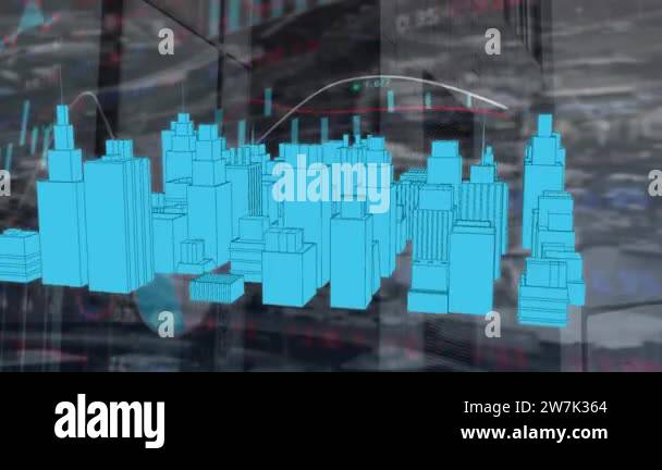 Animation of 3d city drawing spinning and data processing over ...
