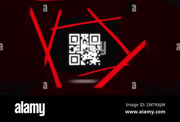 Neon qr code scanner and abstract shapes against glowing red tunnel ...