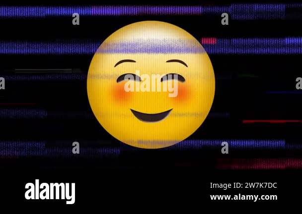 Digital animation of tv static effect over blushing face emoji against ...