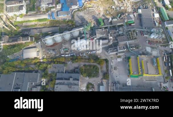 Flight over the industrial area. Many factories next to each other top ...