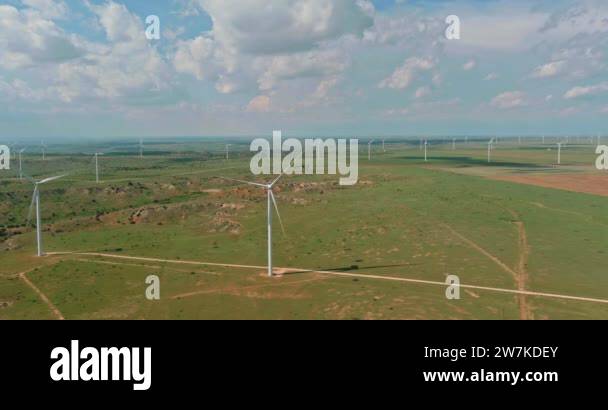 West Texas field of a larger wind farm with panoramic view wind blade ...