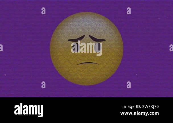 Animation of sad emoji icon over screen with noise. global social media ...