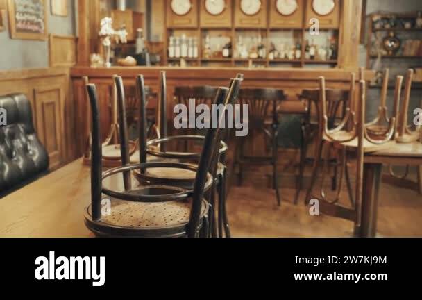 Sad view of empty restaurant in tourist center of historic city. Club ...
