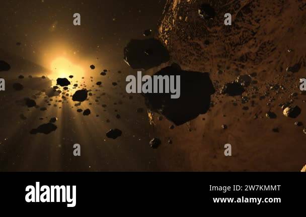 Asteroids in Space. Computer generated footage of the asteroid belt ...