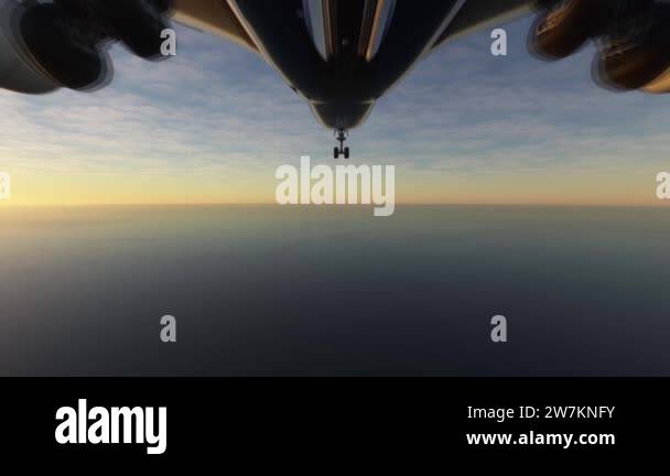 Airplane retracting its landing gears as it flies away over the ocean ...