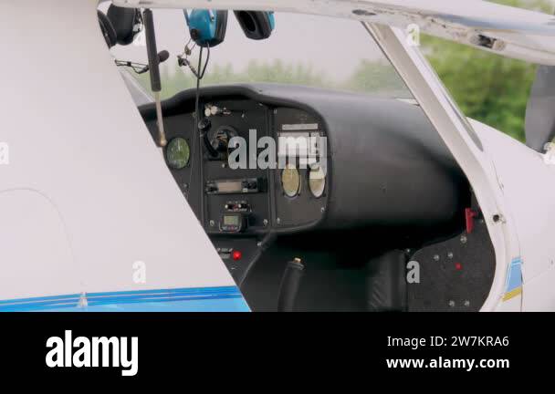 Screw aircraft. control wheel instrumental panel. close-up. Retro plane ...