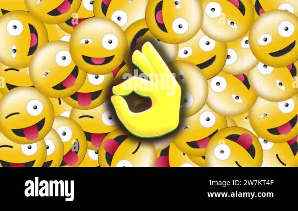 Digital animation of glitch effect over ok hand sign emoji against ...